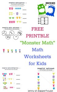 5 FREE Printable "Monster Math" Worksheets for Kids - Jenny at dapperhouse
