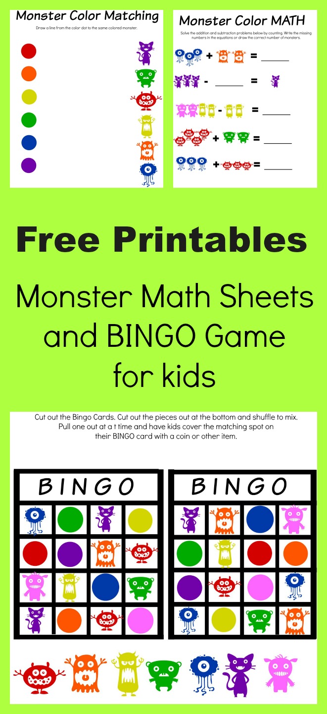 Monster Math, Color Match & Bingo Free Printable Worksheets - Jenny at ...