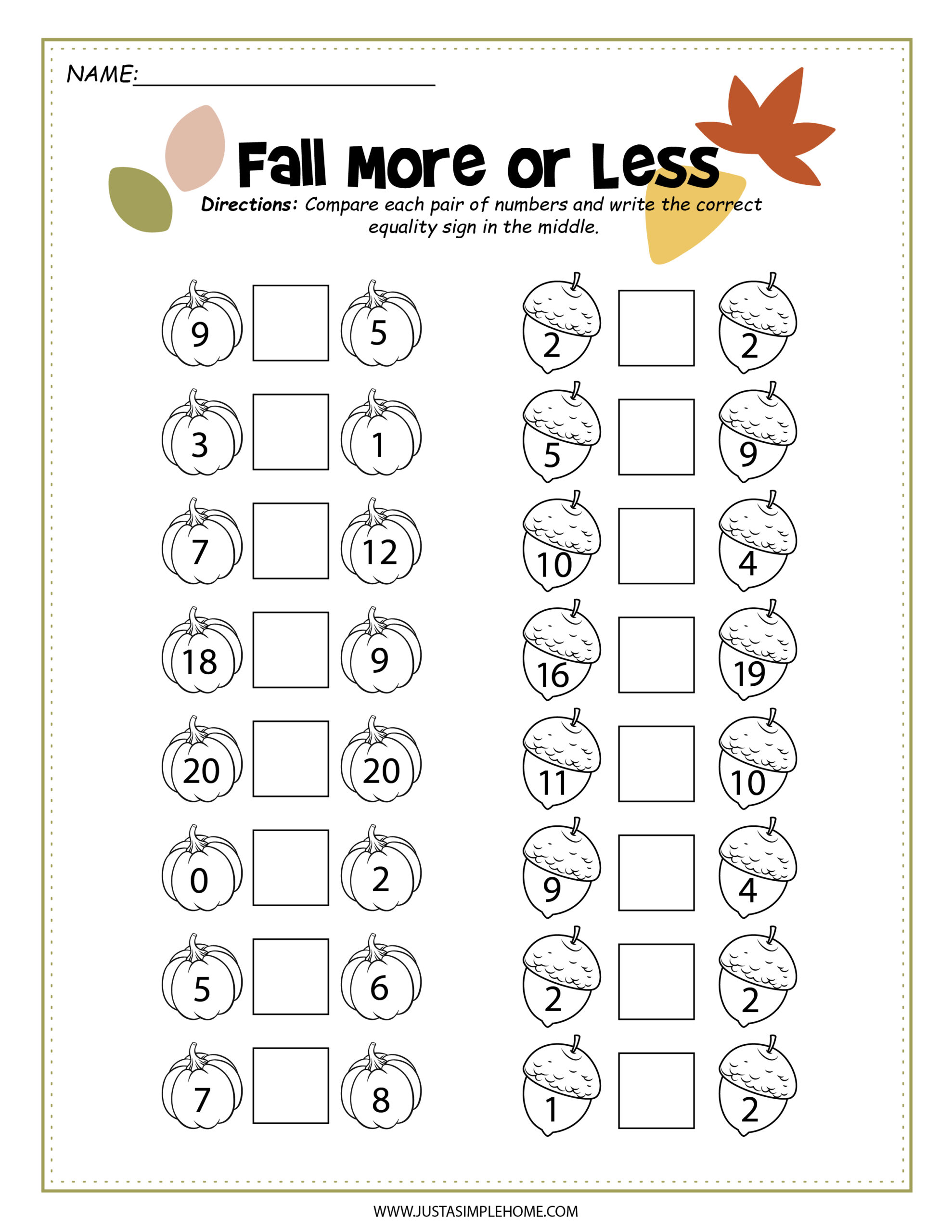 16 K - 1 Math Skills FREE Printable Activity Sheets for Fall - Jenny at ...