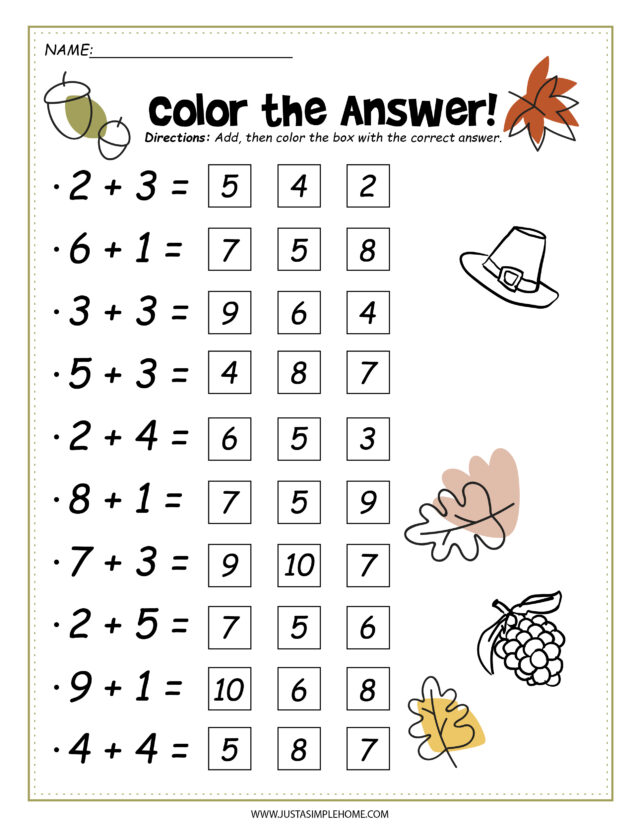 16 K - 1 Math Skills FREE Printable Activity Sheets for Fall - Jenny at ...
