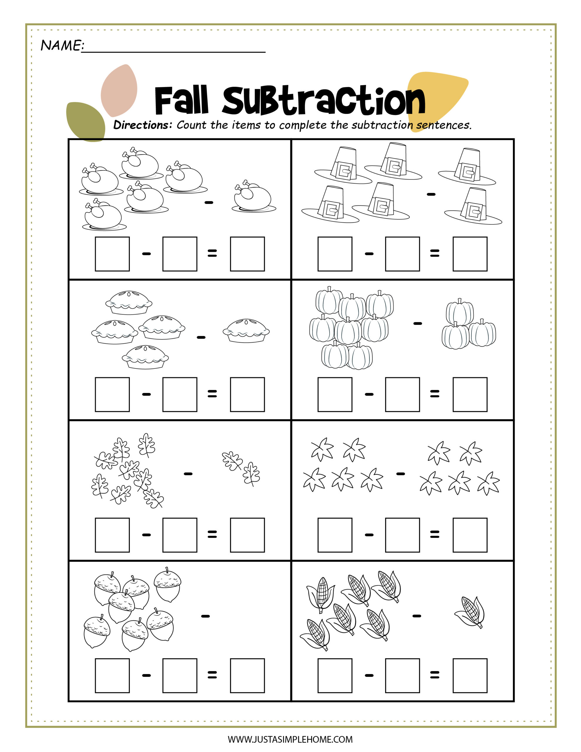 16 K - 1 Math Skills FREE Printable Activity Sheets for Fall - Jenny at ...