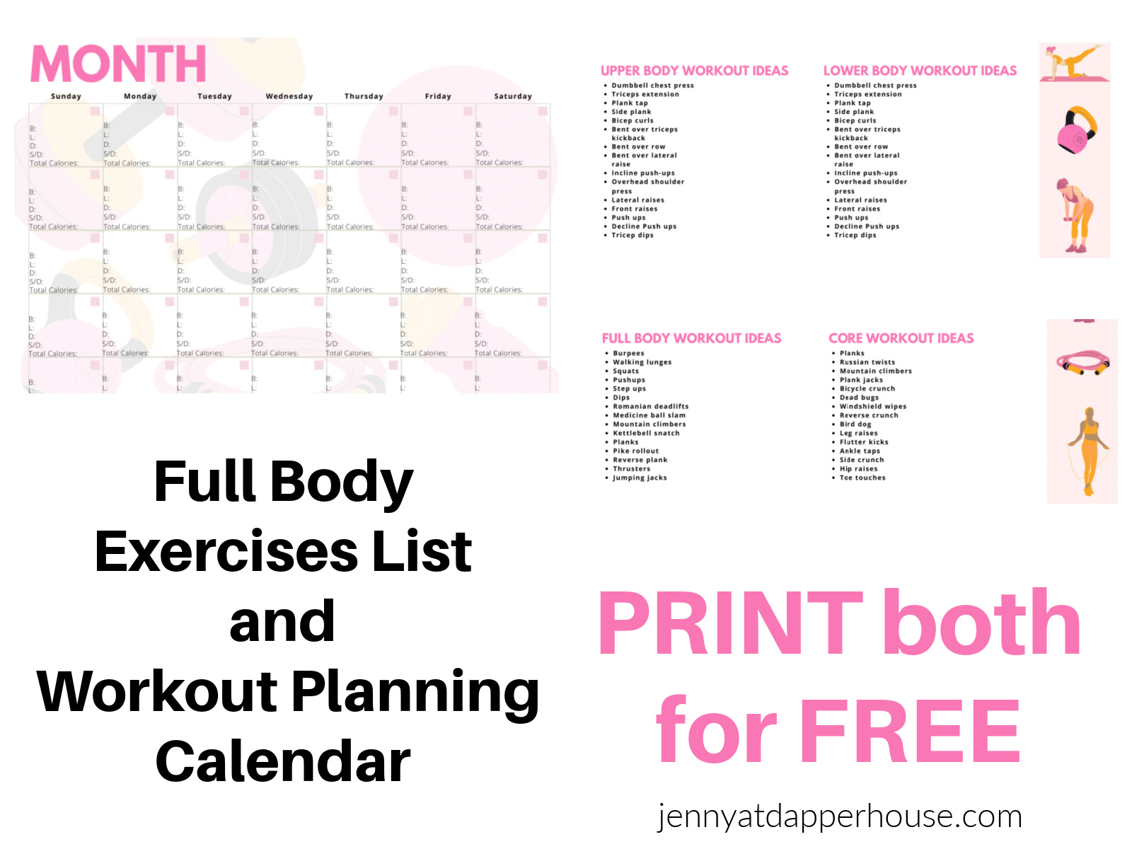 Free Printable Exercises List & Monthly Meal Log - Jenny at dapperhouse