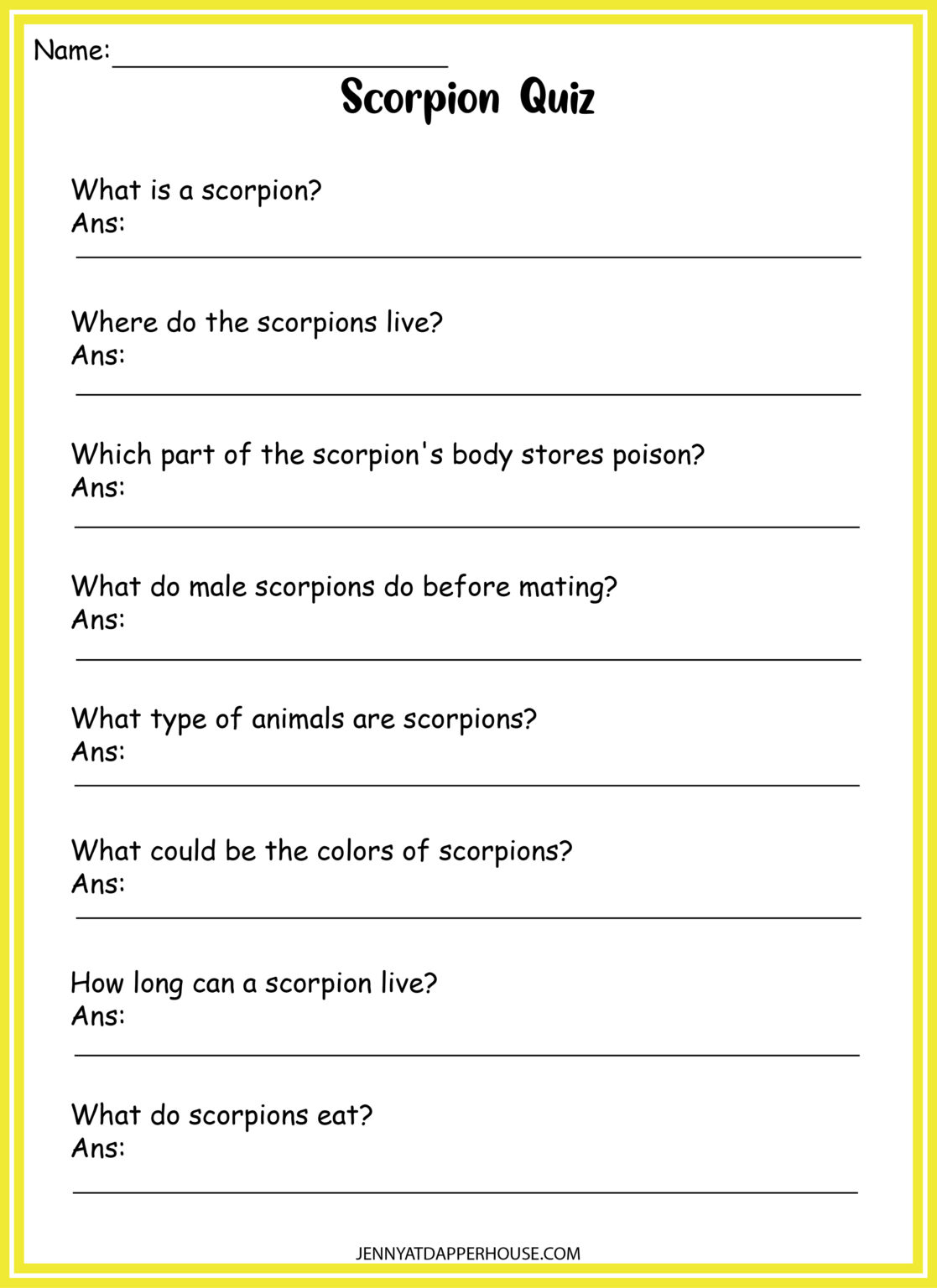 7 Page Scorpion Learning Packet - Free Printable - Jenny at dapperhouse